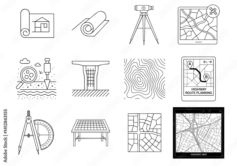 Construction infrastructure highway blueprint concept. Line drawings of ...
