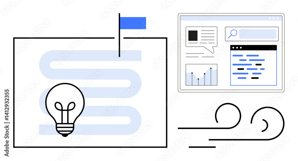 Lightbulb on a pathway with flag, graph analytics, search bar, ideas ...