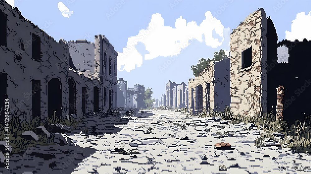 Stock-Illustration „Pixel Art of a Ruins and War Damaged Stone ...