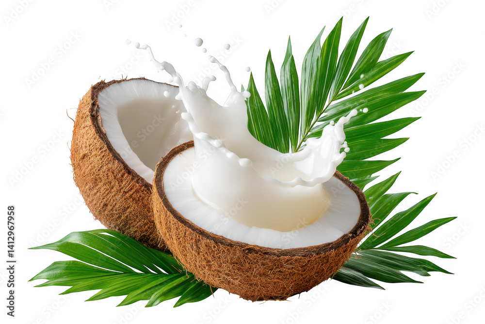 Vibrant tropical coconut half with clear juice splashing outward and ...