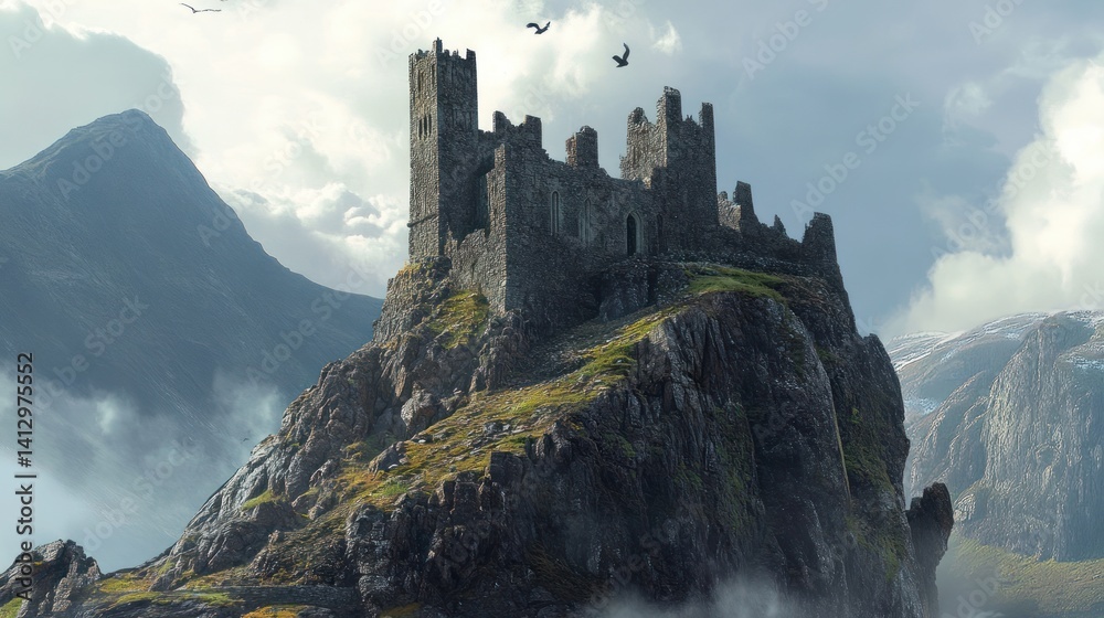 Ruined medieval castle on a rocky mountain peak, surrounded by mist and ...