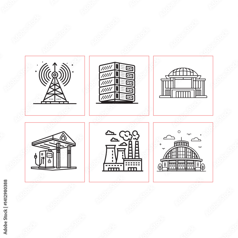 Utility and Infrastructure Building Line Icons – Data Center, Gas ...