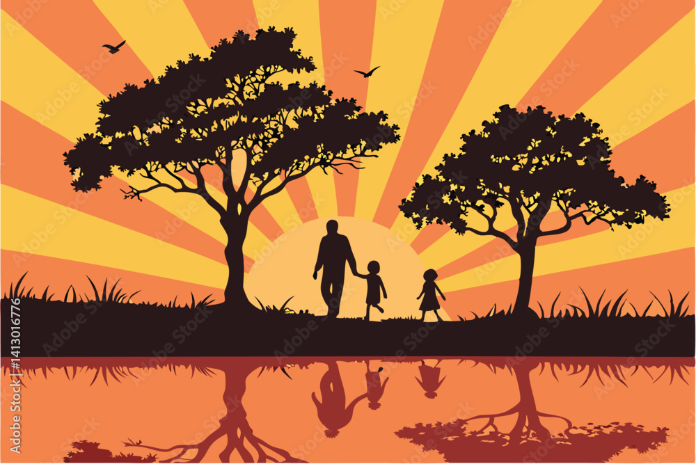 41 Silhouette of family walking at sunset, vibrant orange sky, sun rays ...