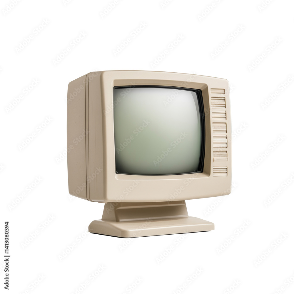 Vintage computer monitor with curved screen and beige frame side view ...