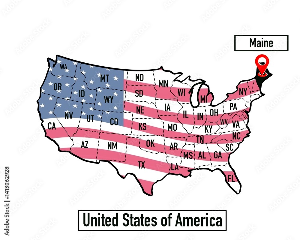 Vector map of the United States with abbreviated state names and red ...