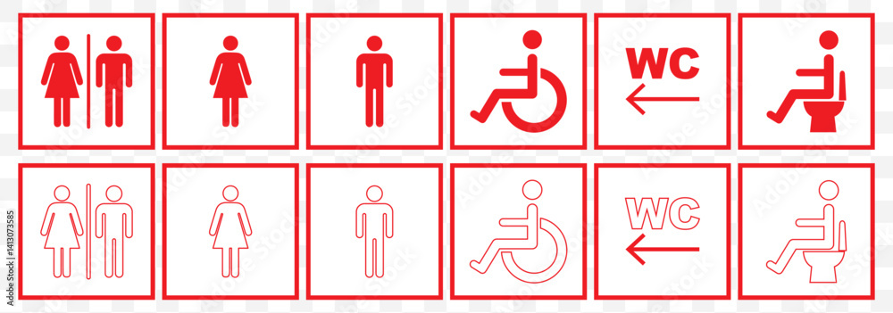 Toilet vector icons set, male or female restroom WC. Set of Red toilet ...