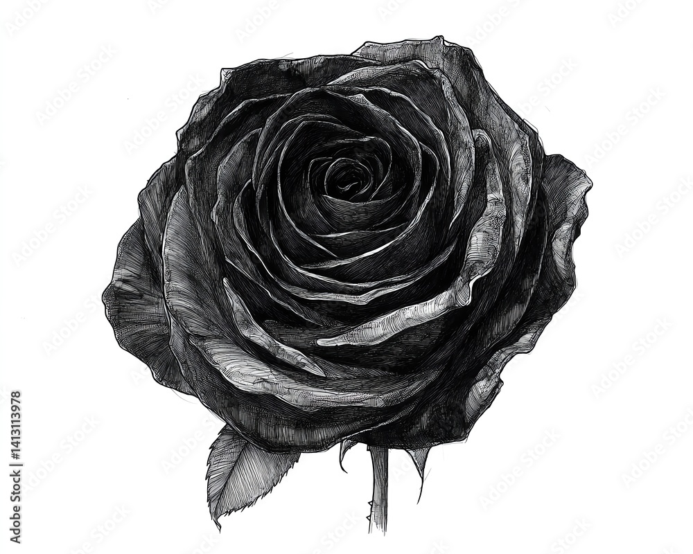 Isolated on white Japanese sumie style black rose tattoo with ...