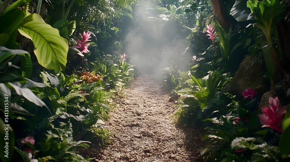 Mapping the digital overlays of a tropical rainforest pathway lush ...