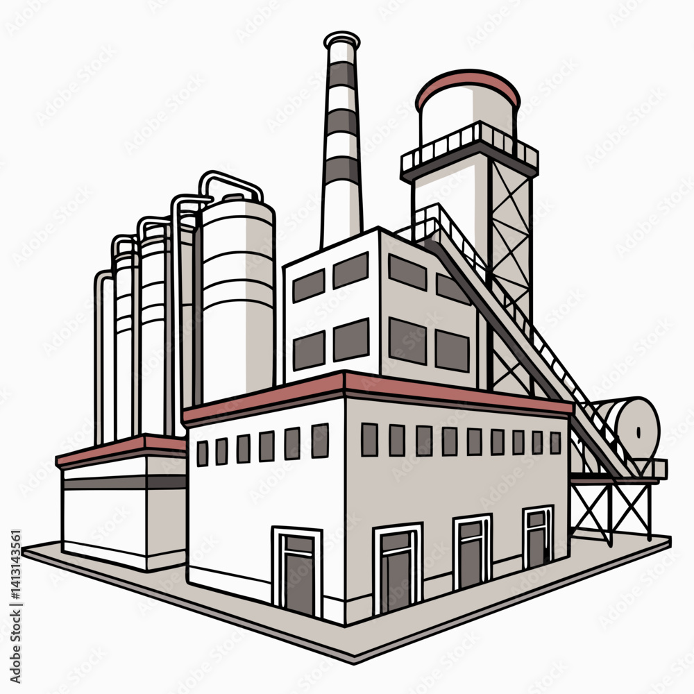 Cartoon Illustration Of An Industrial Factory Complex With Chimney And ...