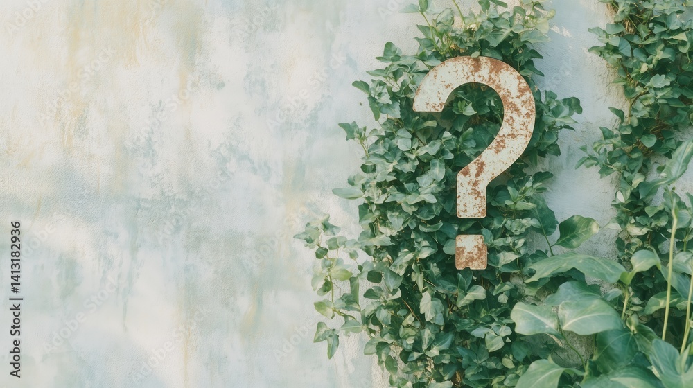 Beige question mark on textured wall with green ivy creeping from the ...