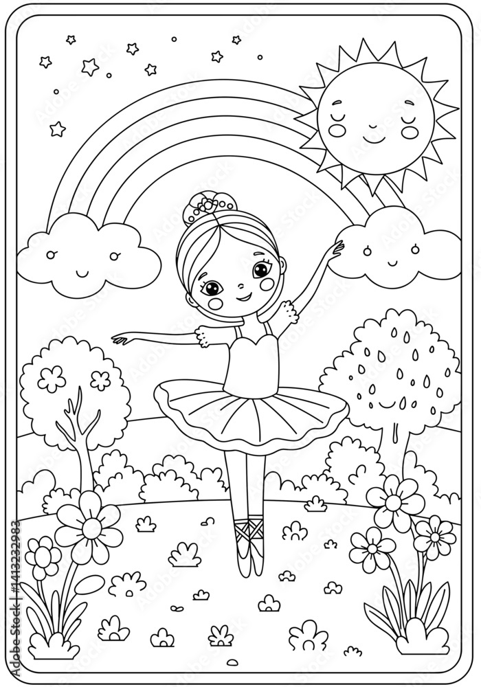 Cute Ballerina Coloring Page for Kids with Rainbow and Garden Scene ...