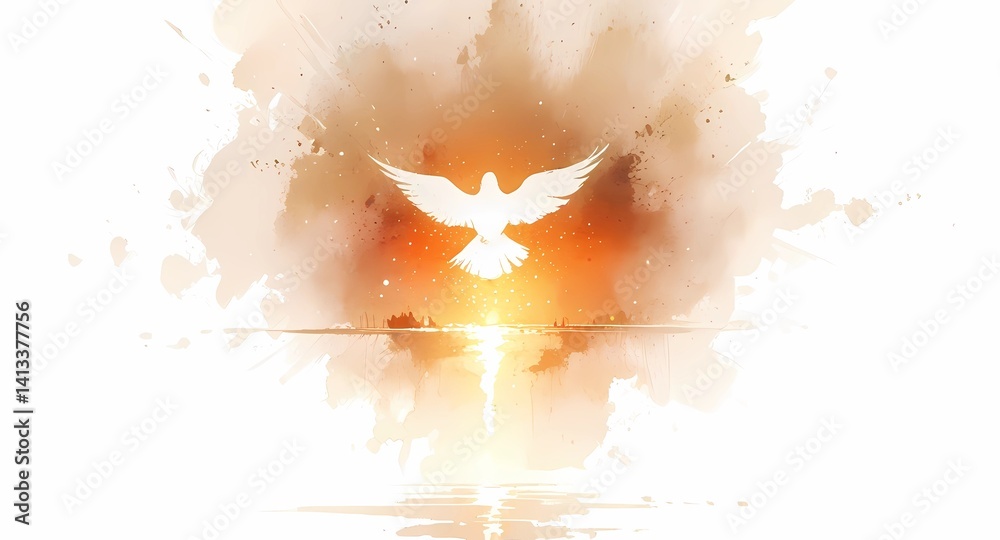 Dove flying over water at sunset peace and freedom concept illustration ...