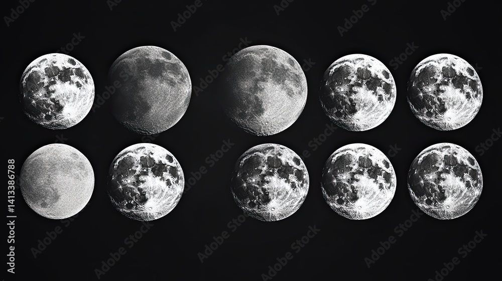 Phases of the Moon: Grayscale Pixel Art Illustration Stock Illustration ...