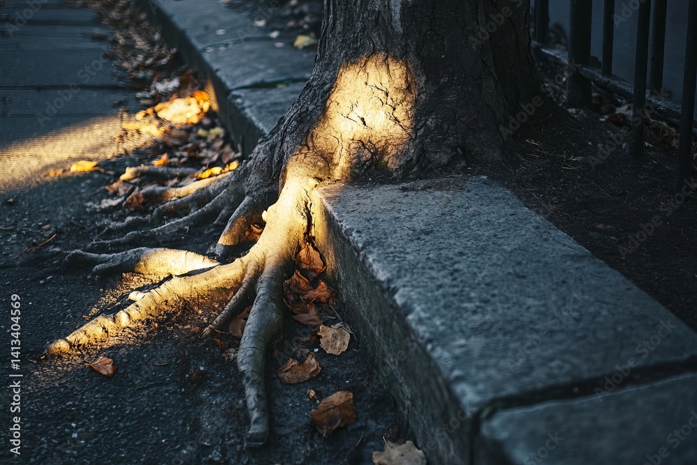Tree roots growing over a concrete curb with fallen leaves and sunlight ...