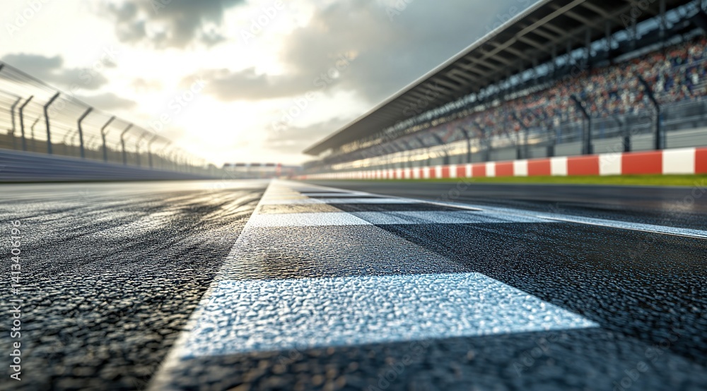 The finish line of the race track, the stands behind it, and the entire ...