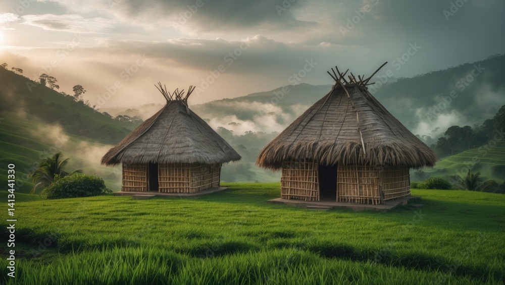Perspective of the traditional native dwelling, constructed from earth ...