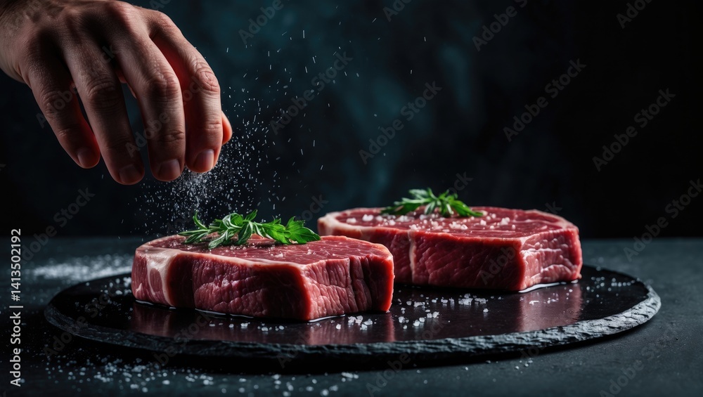 Making fresh beef or pork on a dark backdrop. Chef salts steak in ...