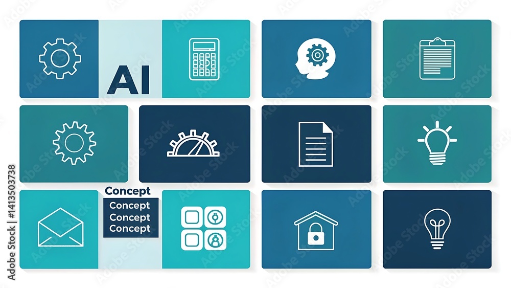 Various ai and technology icons displayed on a grid with blue and teal ...