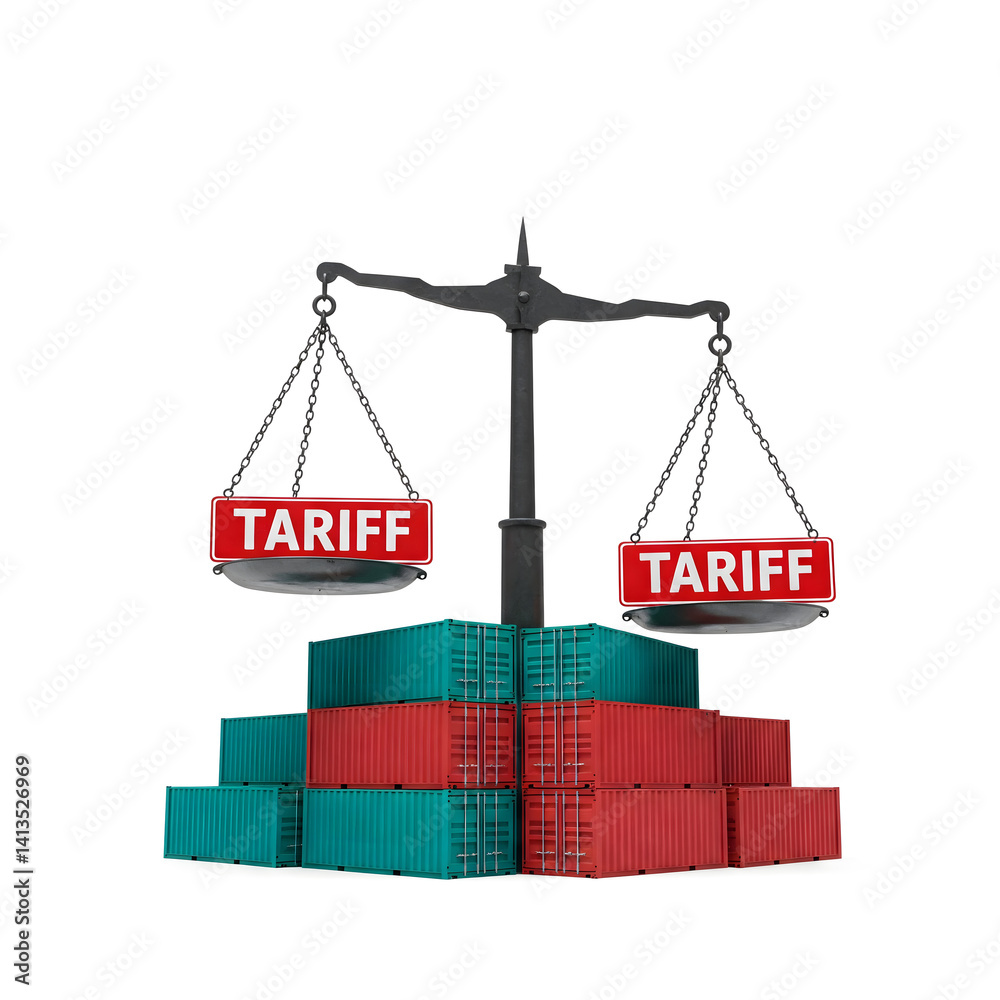 Scales balancing "TARIFF" signs over stacks of shipping containers ...
