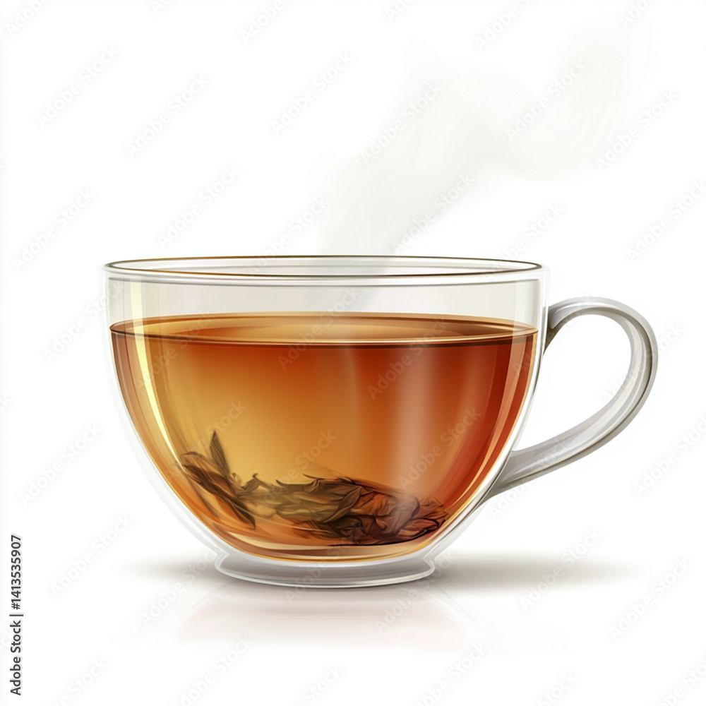 Delicate glass cup filled with warm tea, a subtle steam rises, hinting ...