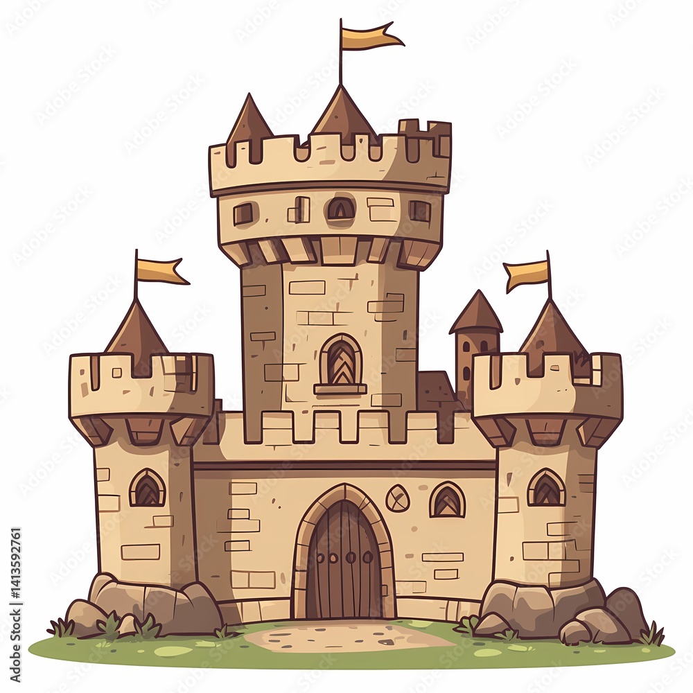 Medieval Stone Fortress Castle Illustration with Tower, Drawbridge, and ...