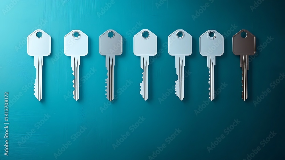 Seven keys, differing in shade, in a straight line on a blue textured ...