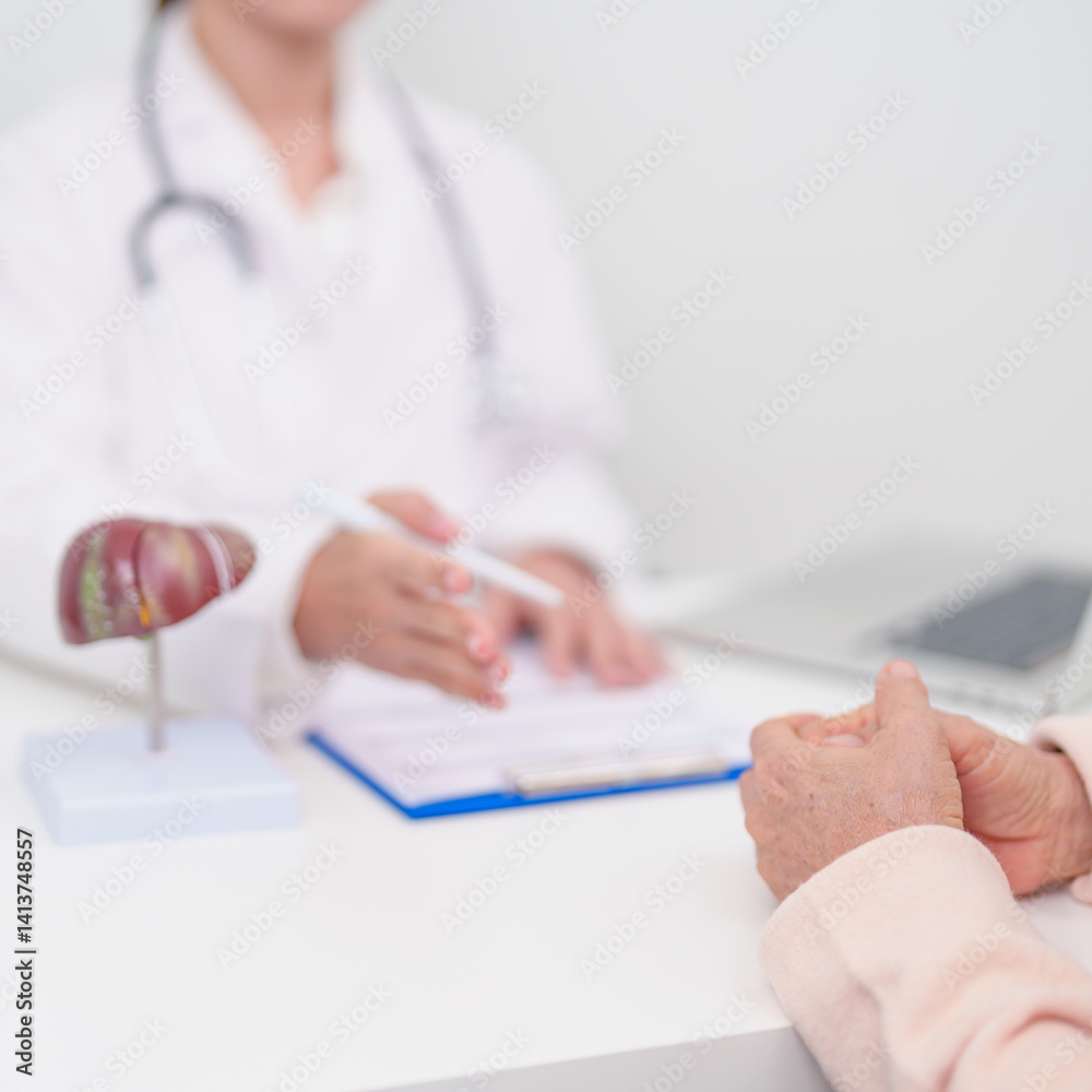 Doctor with human Liver anatomy. Elderly Patient consultation medical ...