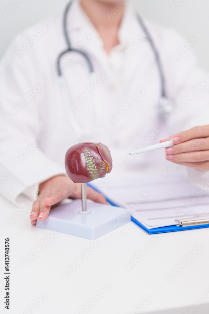 Doctor with human Liver anatomy. Elderly Patient consultation medical ...