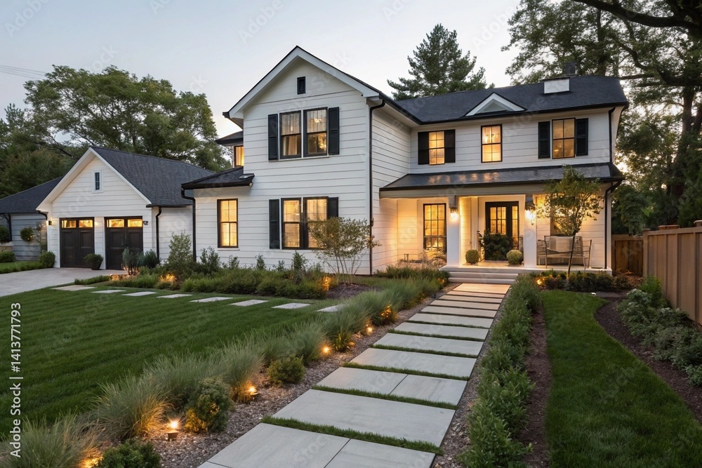 Modern farmhouse exterior with white siding, black window frames, and a ...