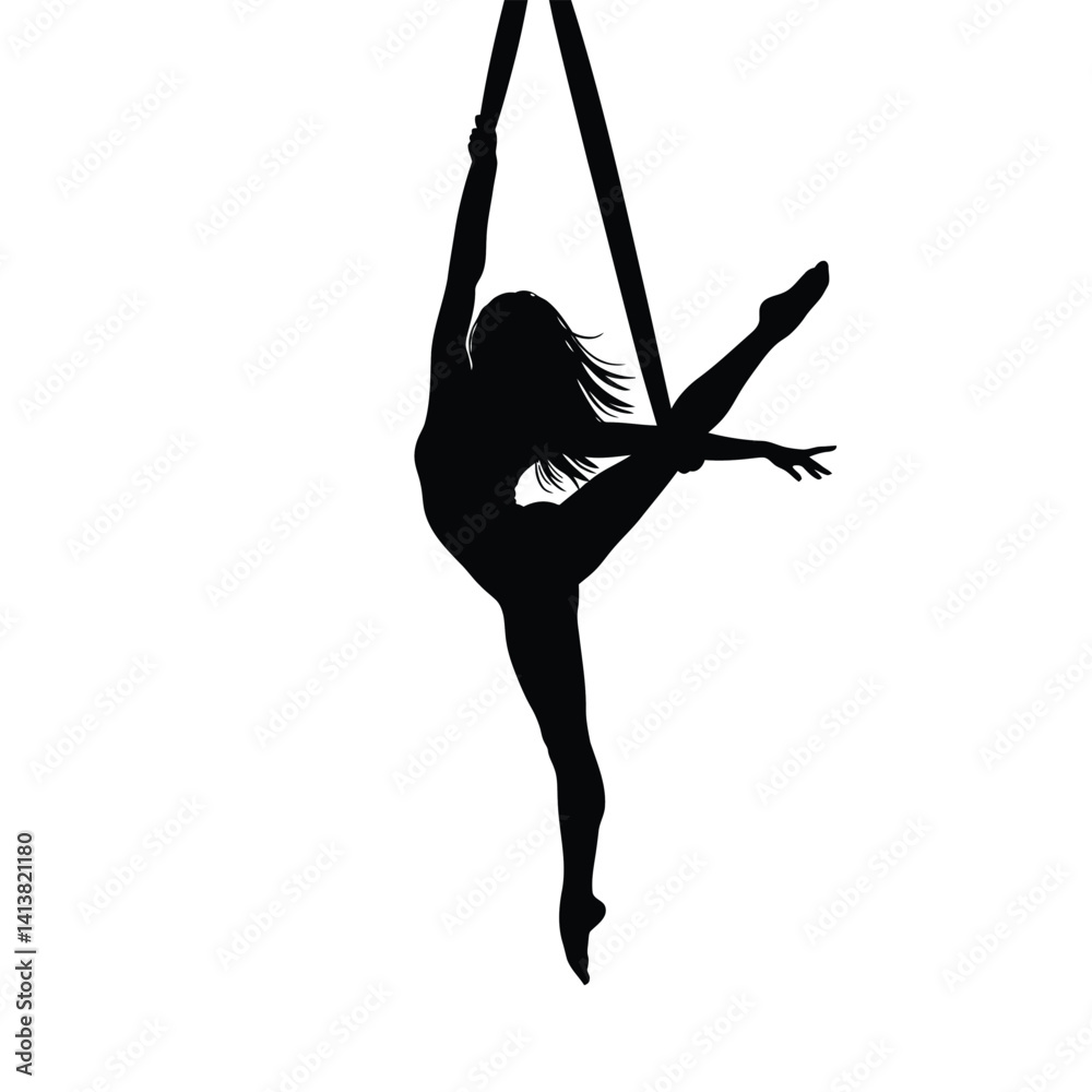 Aerial dance silhouette. Acrobat aerial pose showcasing strength ...
