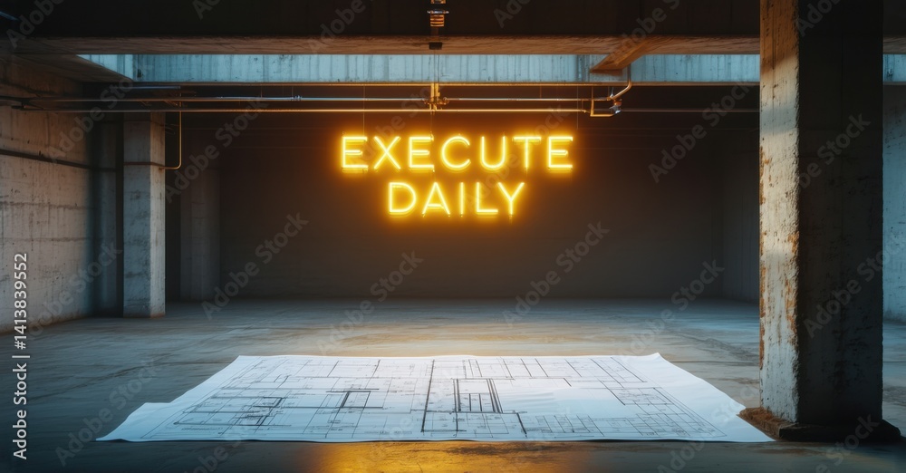 Concrete room features bright neon sign reading EXECUTE DAILY. Plans ...