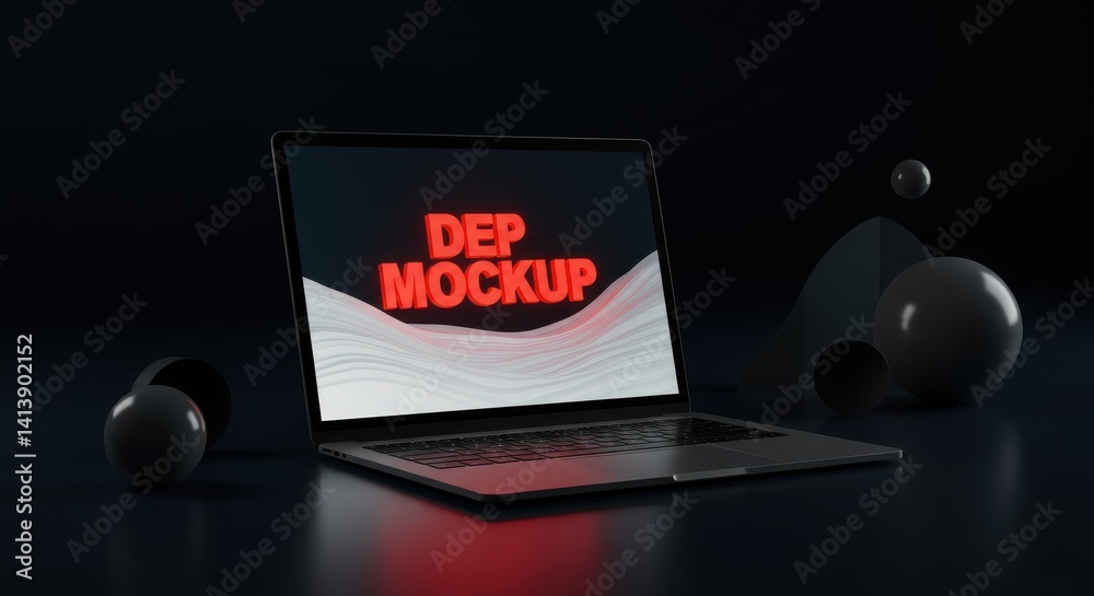 Laptop mockup with dep mockup text on screen and dark geometric shapes ...