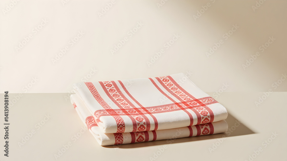 Folded Assamese gamosa on neutral fabric with traditional red and white ...