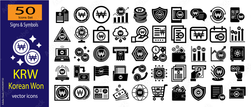 Collection of Korean Won Symbols and Icons for Financial and Currency ...