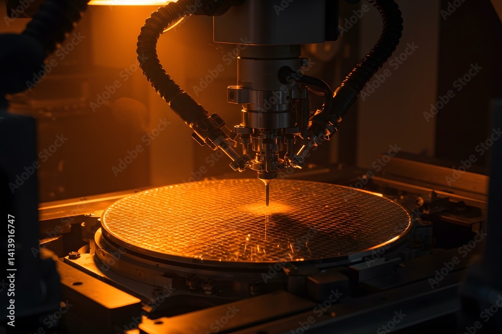 precision and quality control. Close-up of a semiconductor wafer being ...