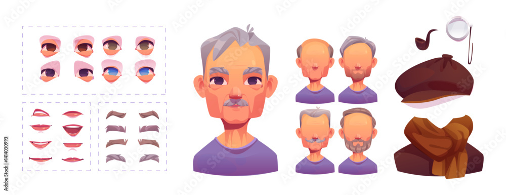 Elderly man face constructor set - senior grandfather character ...
