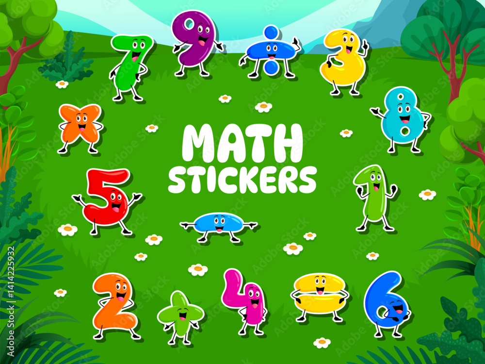 Vector de Stock Cartoon math numbers characters stickers pack on a ...