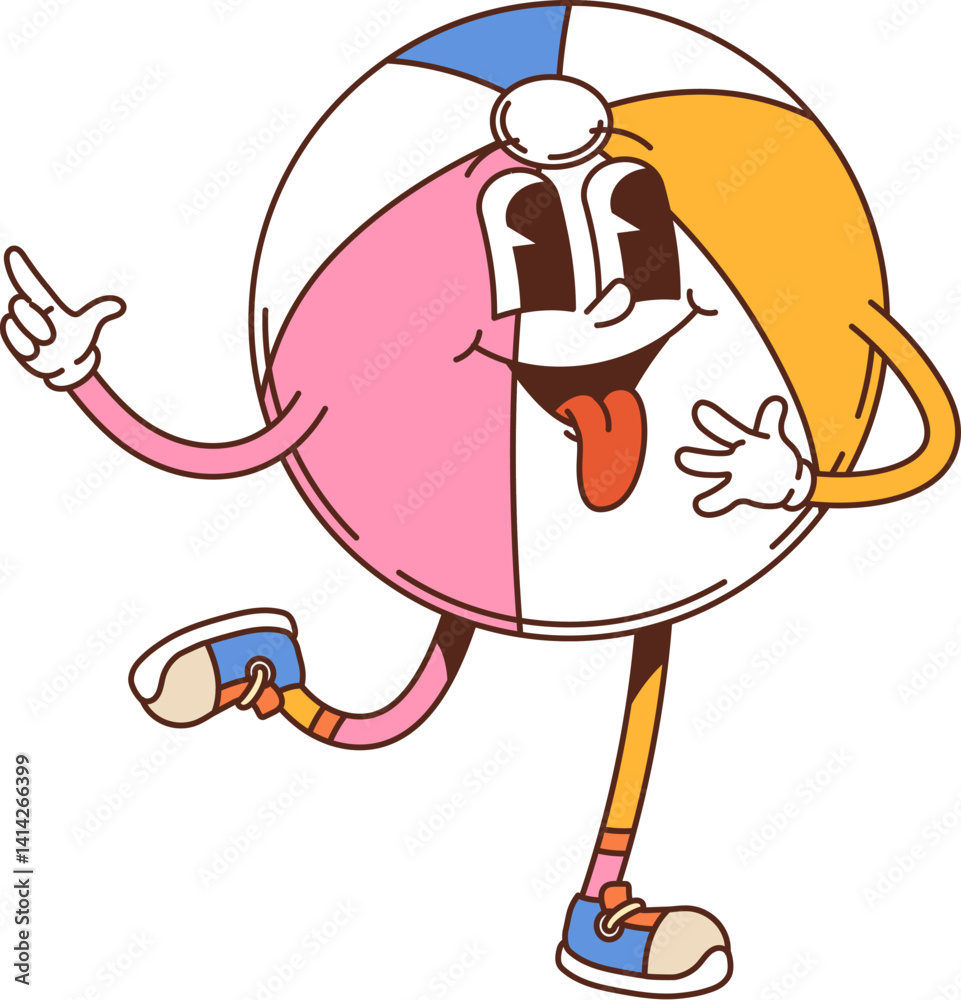 Retro groovy cartoon beach ball kids toy character with a goofy smile ...