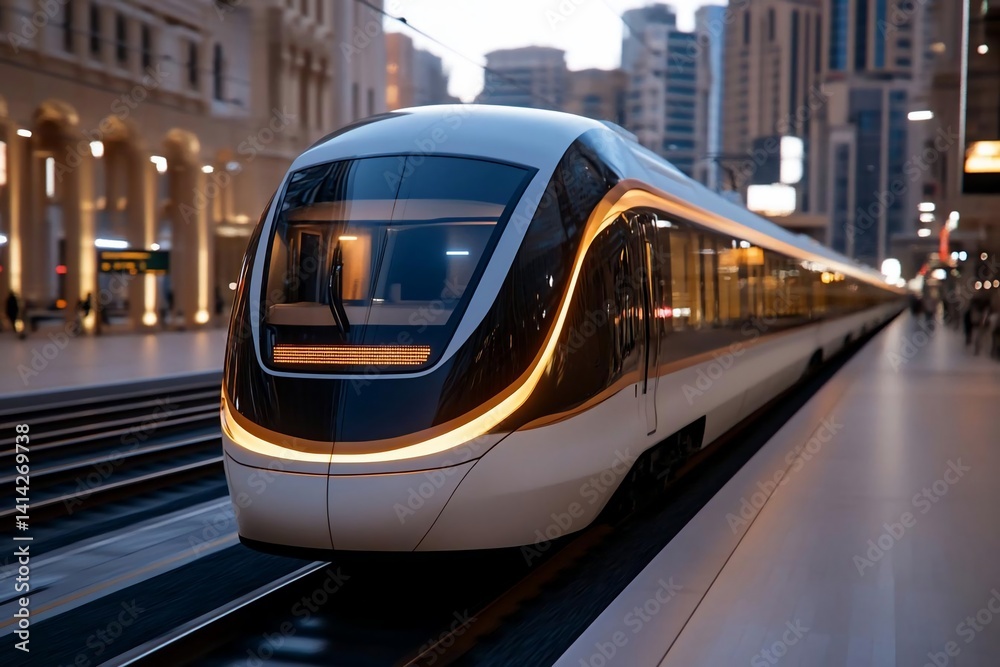 Modern high-speed train at the station platform with blurred background ...