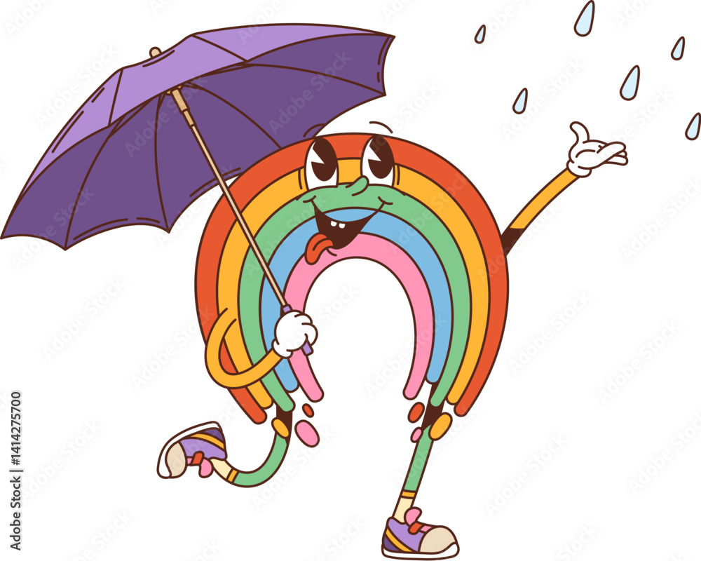 Cartoon retro groovy rainbow with umbrella and funny face, vector ...