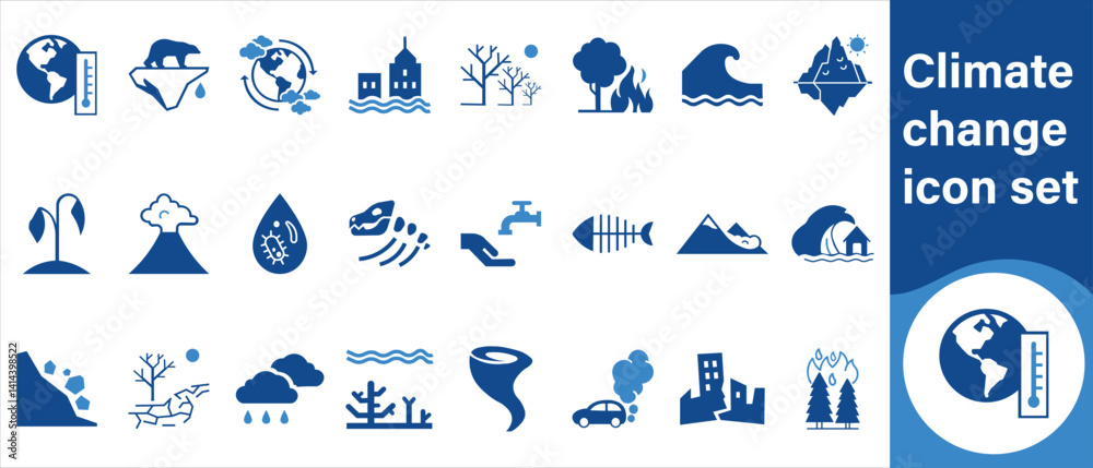 Climate change icon set, tsunami, global warming, sea level rise ...