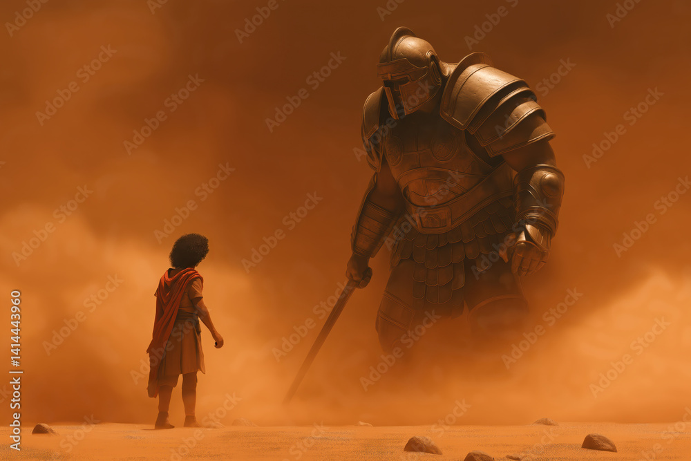 Epic biblical scene of David versus Goliath on a dusty battlefield ...