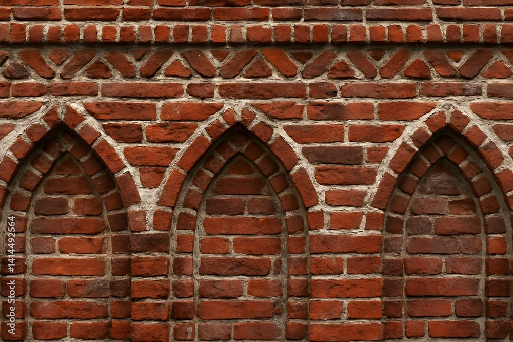 Detalle de muro gótico de ladrillo rojo con decoración de yeso blanco ...