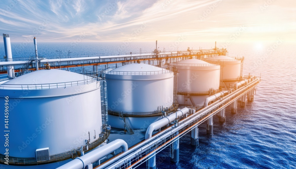 Portside oil terminal with storage tanks and pipeline system connected ...