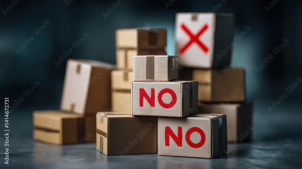 Trade war policy. Boxes stacked with some labeled "NO," conveying a ...