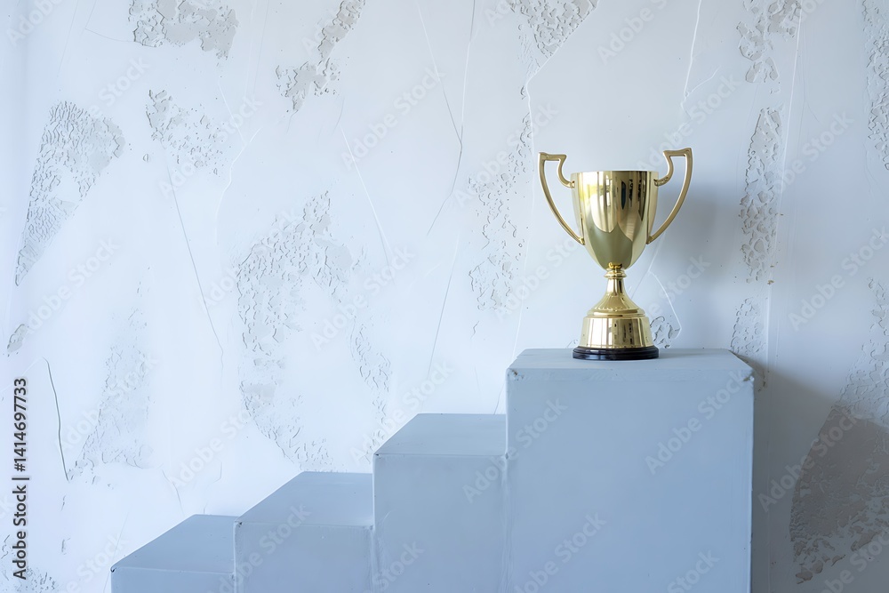 Golden trophy cup, a symbol of victory and first prize, gleams on ...