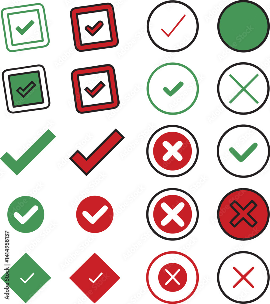Check Marks and X Marks Icon Set – Green and Red UI Symbols in Flat Design Stock Vector | Adobe ...