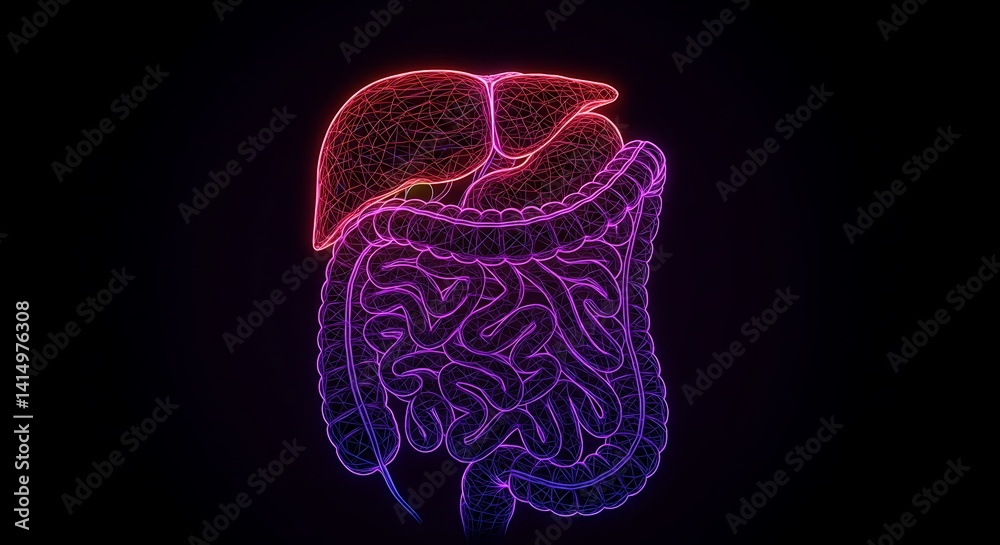 Vibrant depiction of human digestive system featuring liver and ...
