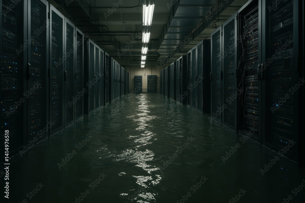 Flooded Data Center with Server Racks and Waterlogged Floor Stock Illustration | Adobe Stock