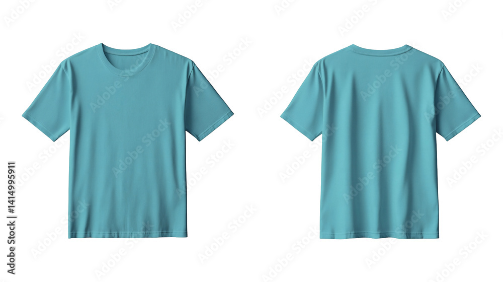 Front and back view of plain light blue t-shirt mockup on transparent ...